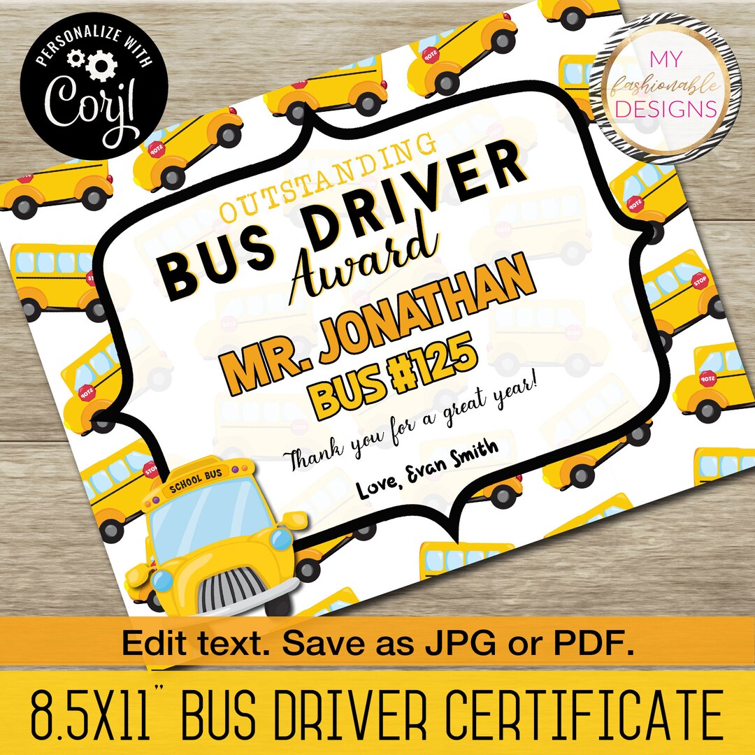 Bus Driver Certificate 8.5x11" - Save as JPG or PDF - Corjl Self-edit ...
