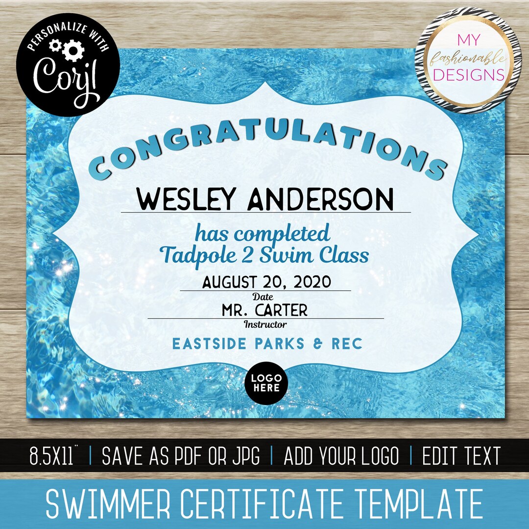 Swimmer Certificate Template Swim Lessons Award 8.5x11 Save as PDF or ...