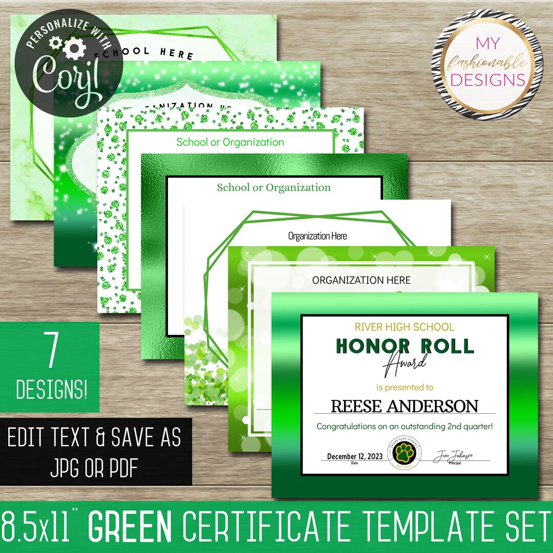 Green Certificate Template Set - 7 Design Templates! 8.5x11" - Save as ...