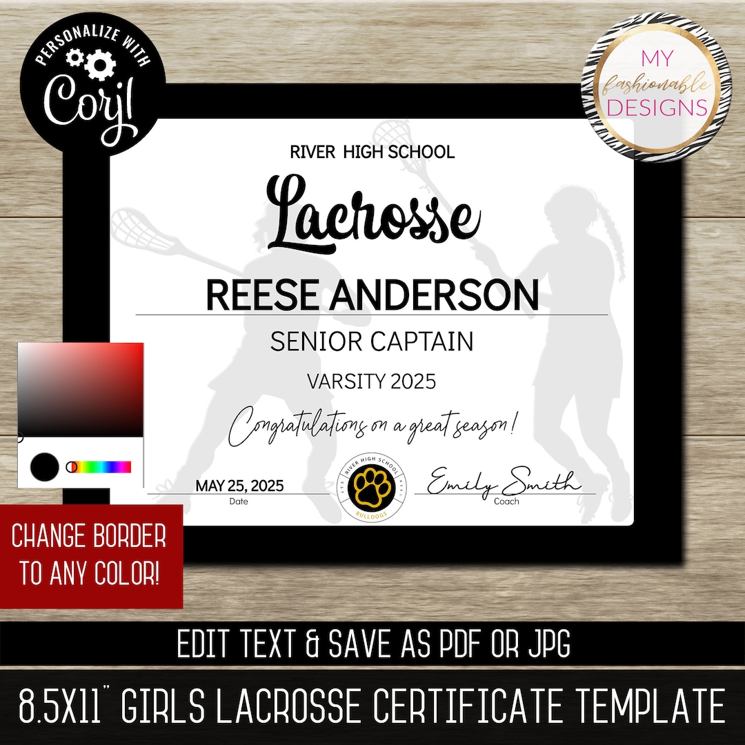 Female Lacrosse Certificate Template - Girls Lacrosse - 8.5x11" - Save ...