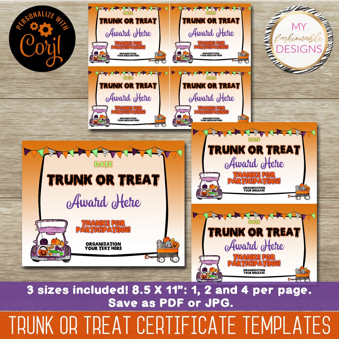 Trunk or Treat Certificate Template Set 3 Sizes - Etsy