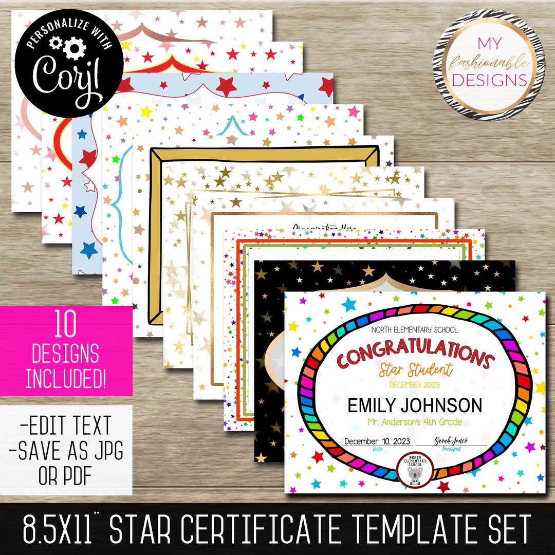 Star Certificate Template Set - 10 Design Templates! 8.5x11" - Save as ...