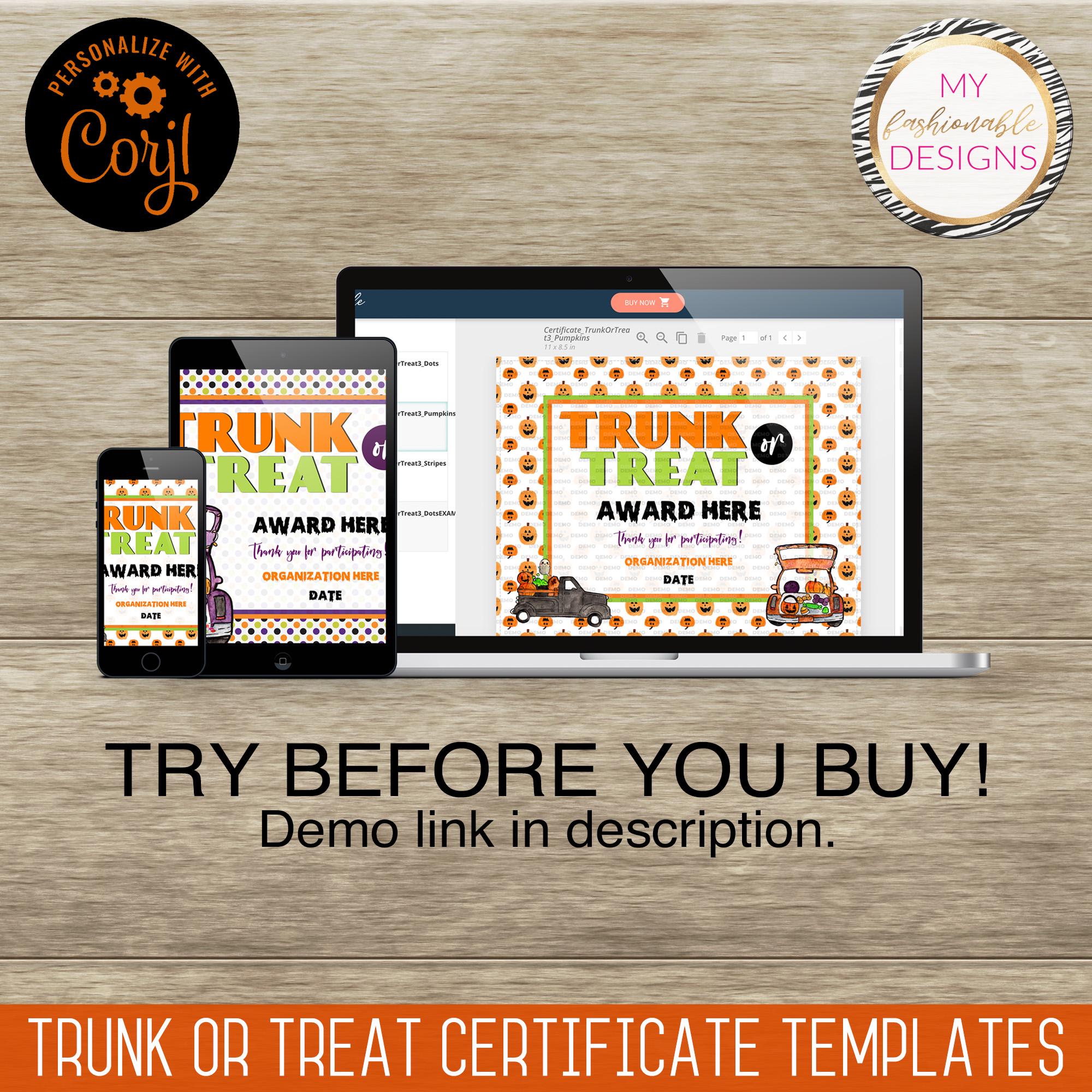 Trunk or Treat Certificate Template Set - 3 Designs - 8.5x11" - Save as ...