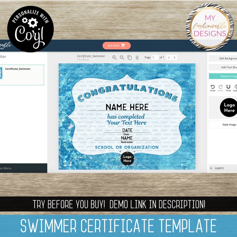 Swimmer Certificate Template Swim Lessons Award 8.5x11 Save as PDF or ...