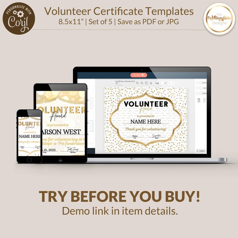 Volunteer Certificate Template Set - Volunteer Award - 5 Templates ...