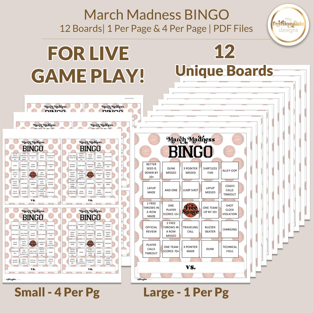 March Madness Basketball BINGO Game, Live Play or Traditional, 12 ...