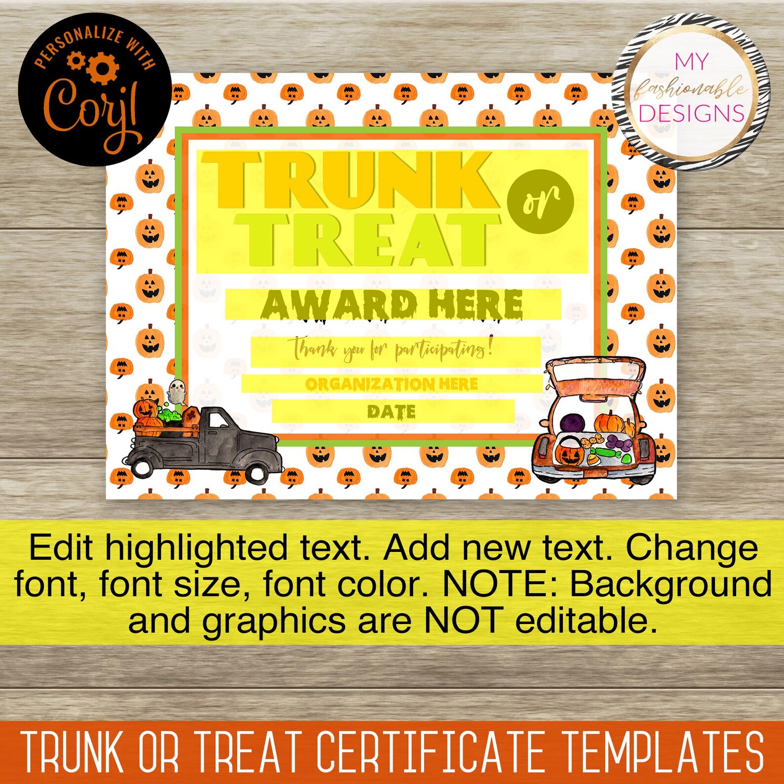 Trunk or Treat Certificate Template Set - 3 Designs - 8.5x11" - Save as ...
