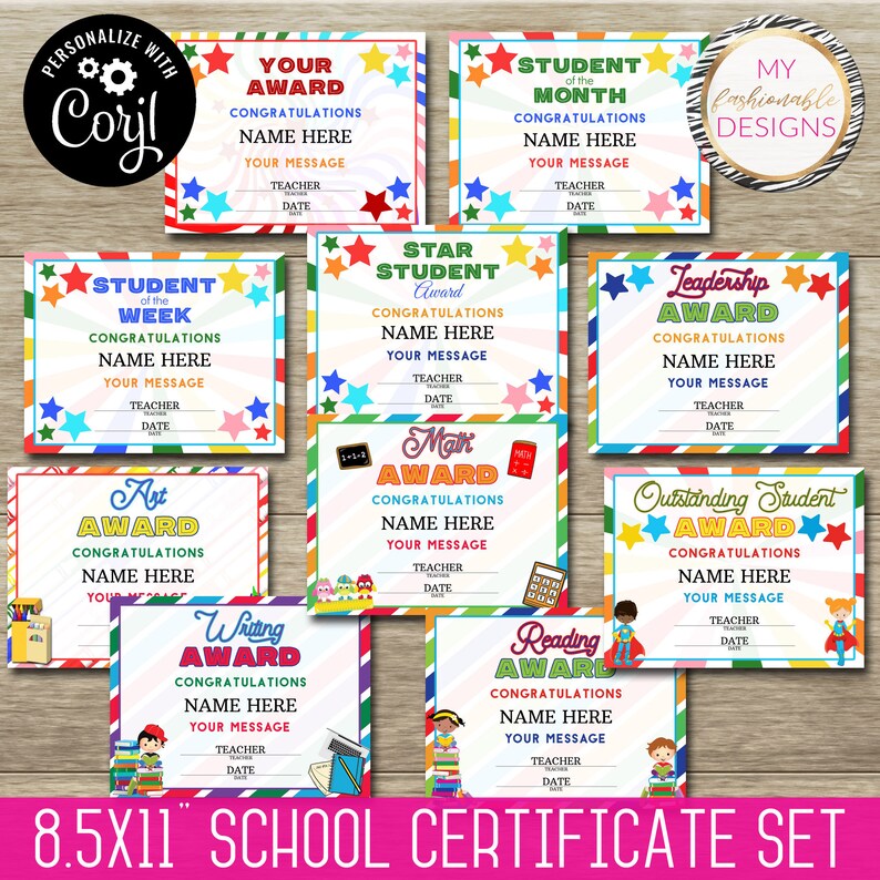 School Certificate Template Set 10 Designs 8.5x11 Save as JPG or PDF ...