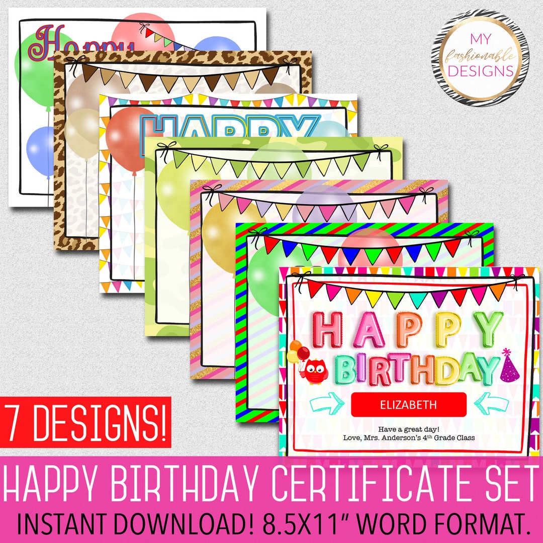 Happy Birthday Certificate Set, 8.5x11" Word Format, Instant Download ...