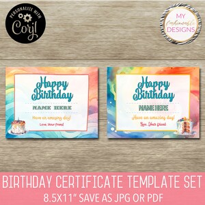 Happy Birthday Certificate Template Set 8.5x11" - 5 Designs! - Save as ...