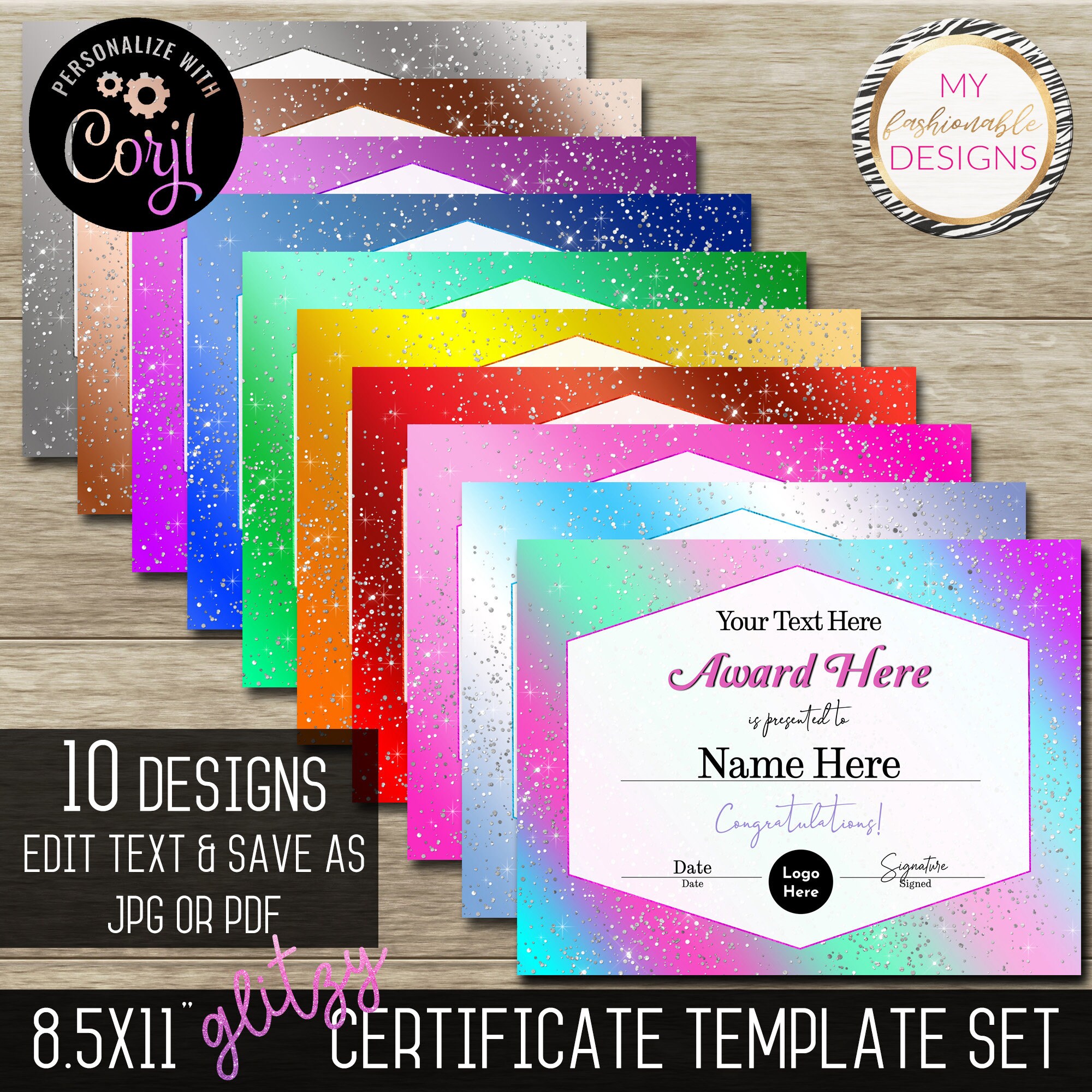 Glitzy Certificate Template Set - 10 Design Templates! 8.5x11" - Save ...