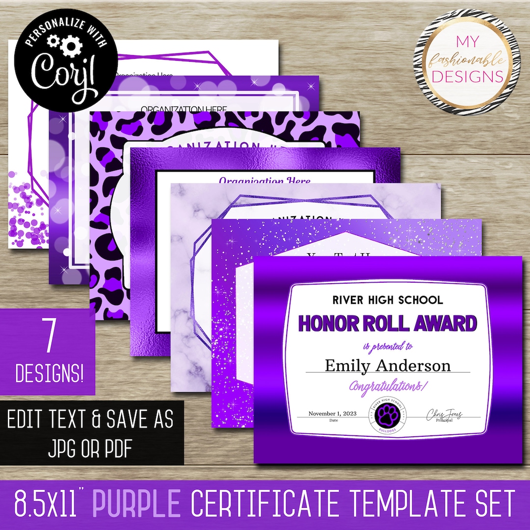 Purple Certificate Template Set - 7 Design Templates! 8.5x11" - Save as ...
