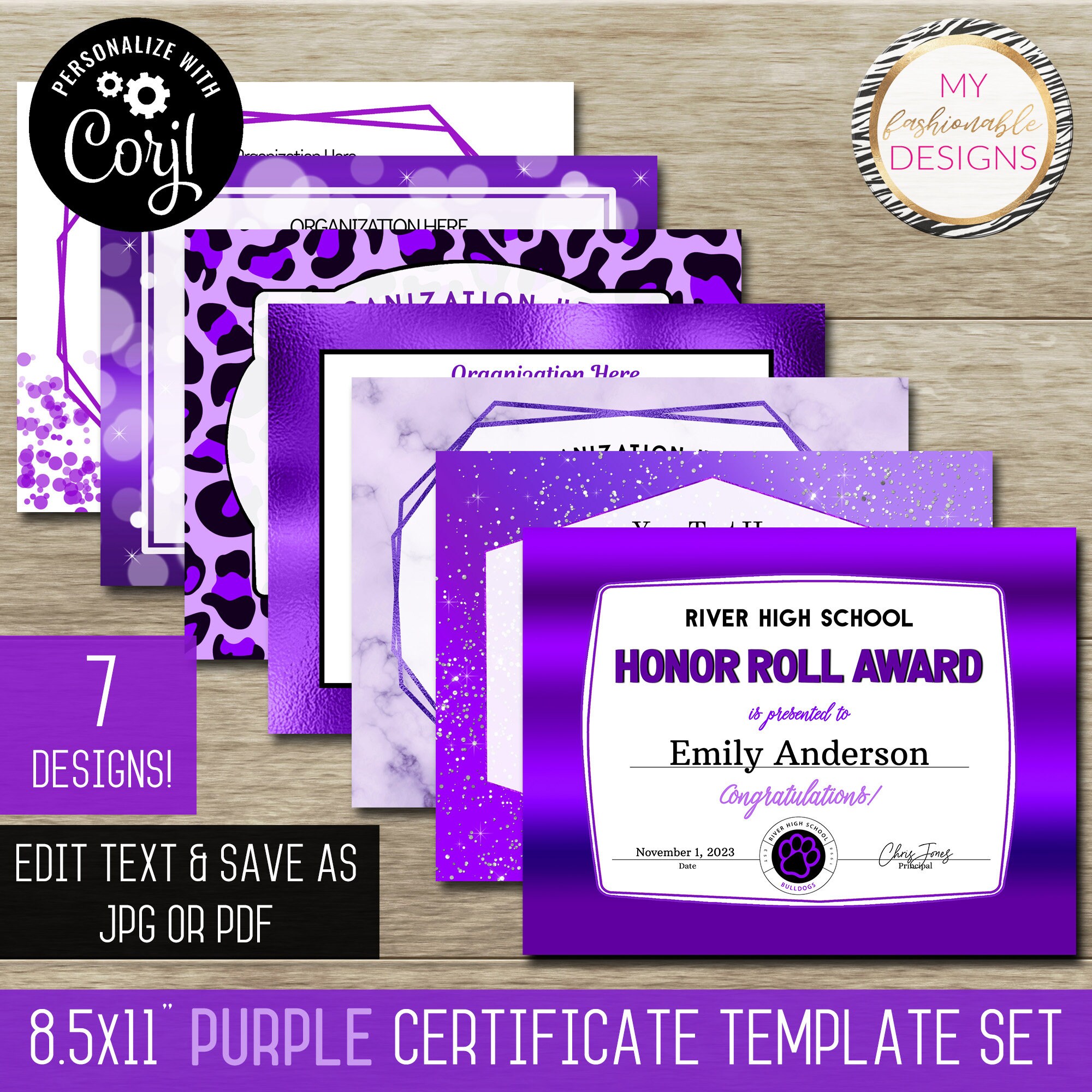 Purple Certificate Template Set 7 Design Templates 8.5x11 Save as JPG ...
