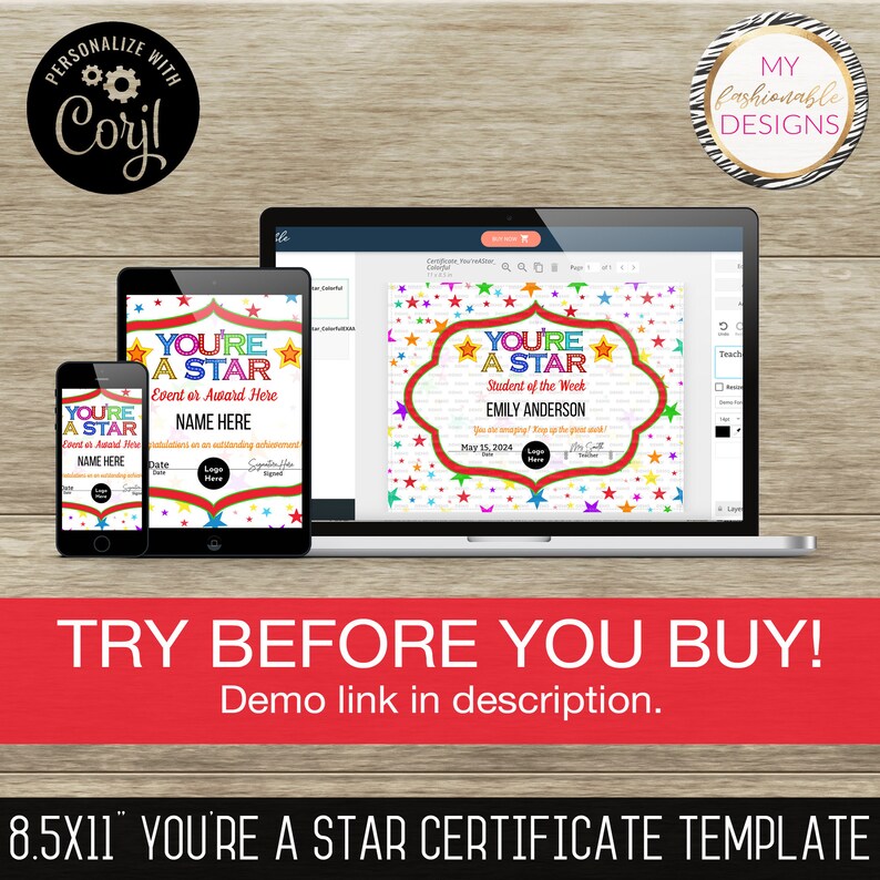 You're a Star Certificate Template Multicolor 8.5x11 Save as PDF or JPG ...