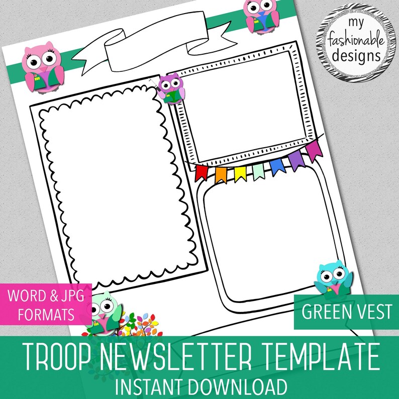 Troop Newsletter Template, GREEN Vest Owl, Word and JPG, 8.5x11 Instant ...