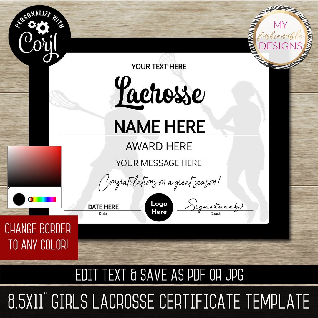 Female Lacrosse Certificate Template Girls Lacrosse 8.5x11 Save as PDF ...