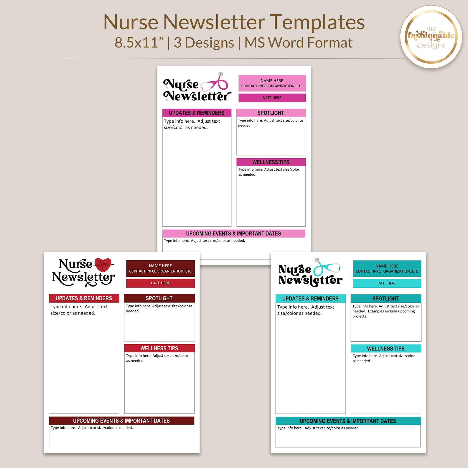 Nurse Newsletter Templates, 3 Designs Included, Word Format, Instant ...