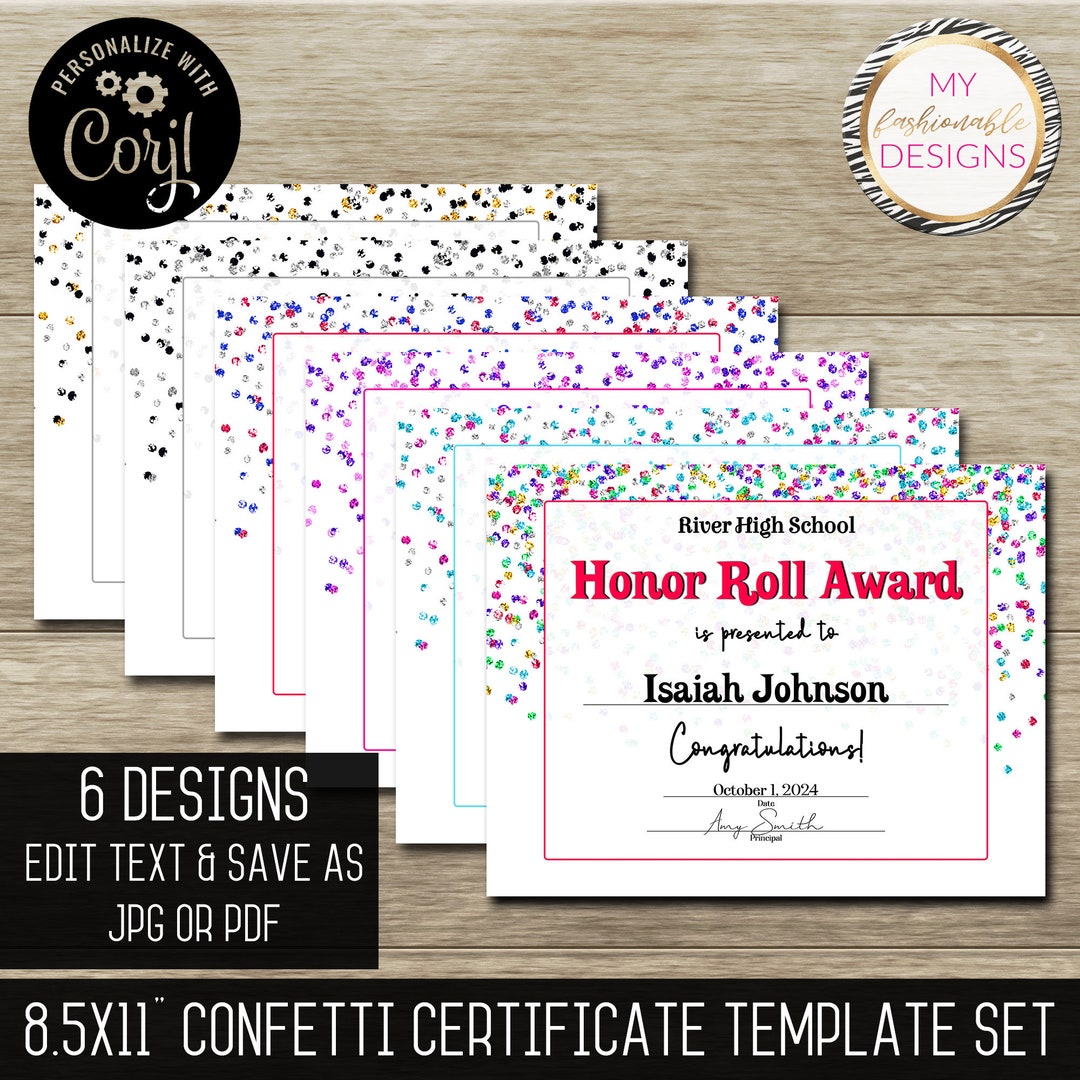 Confetti Certificate Template Set - 6 Design Templates! 8.5x11" - Save ...