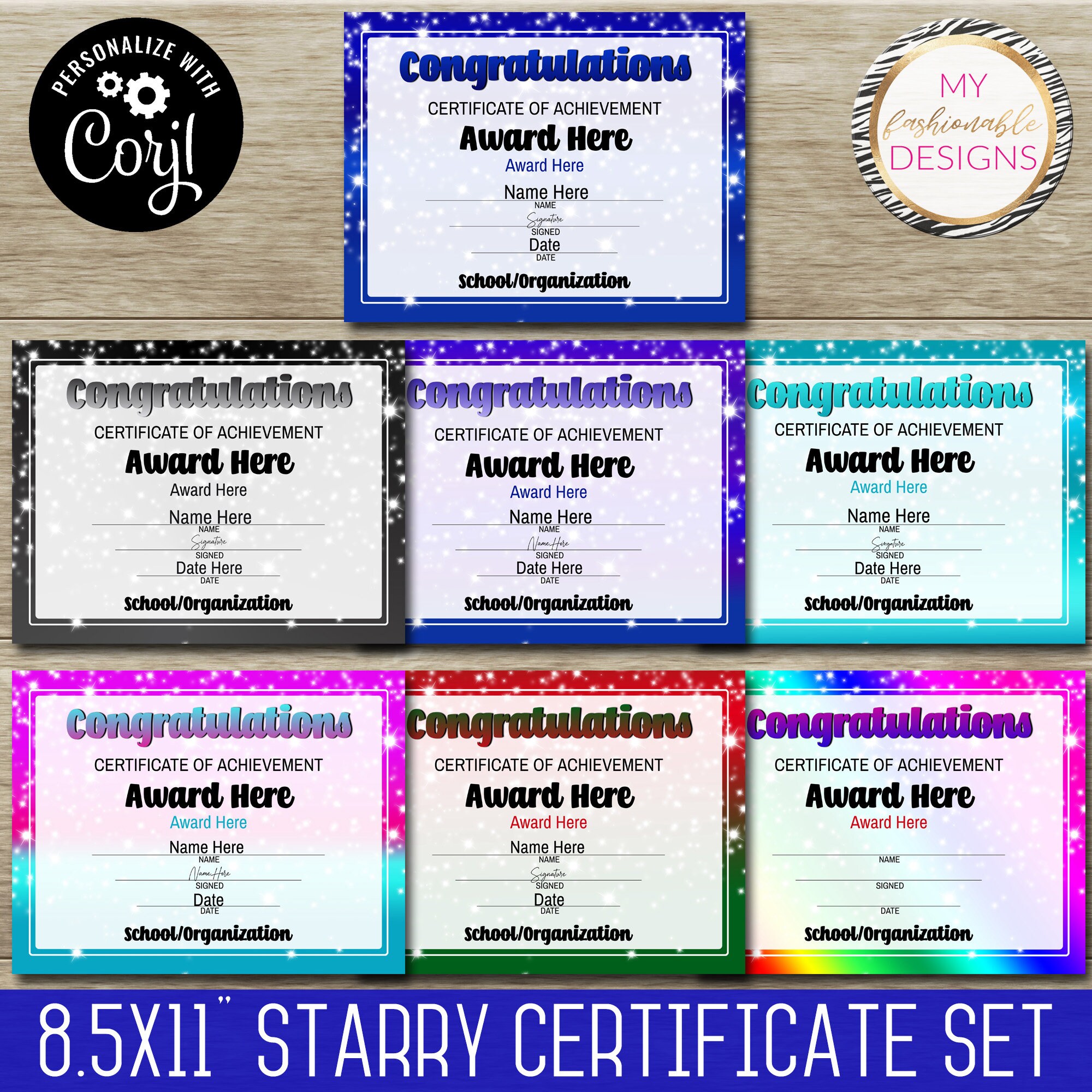 Starry Certificate Template Set - 7 Design Templates! 8.5x11" - Save as ...