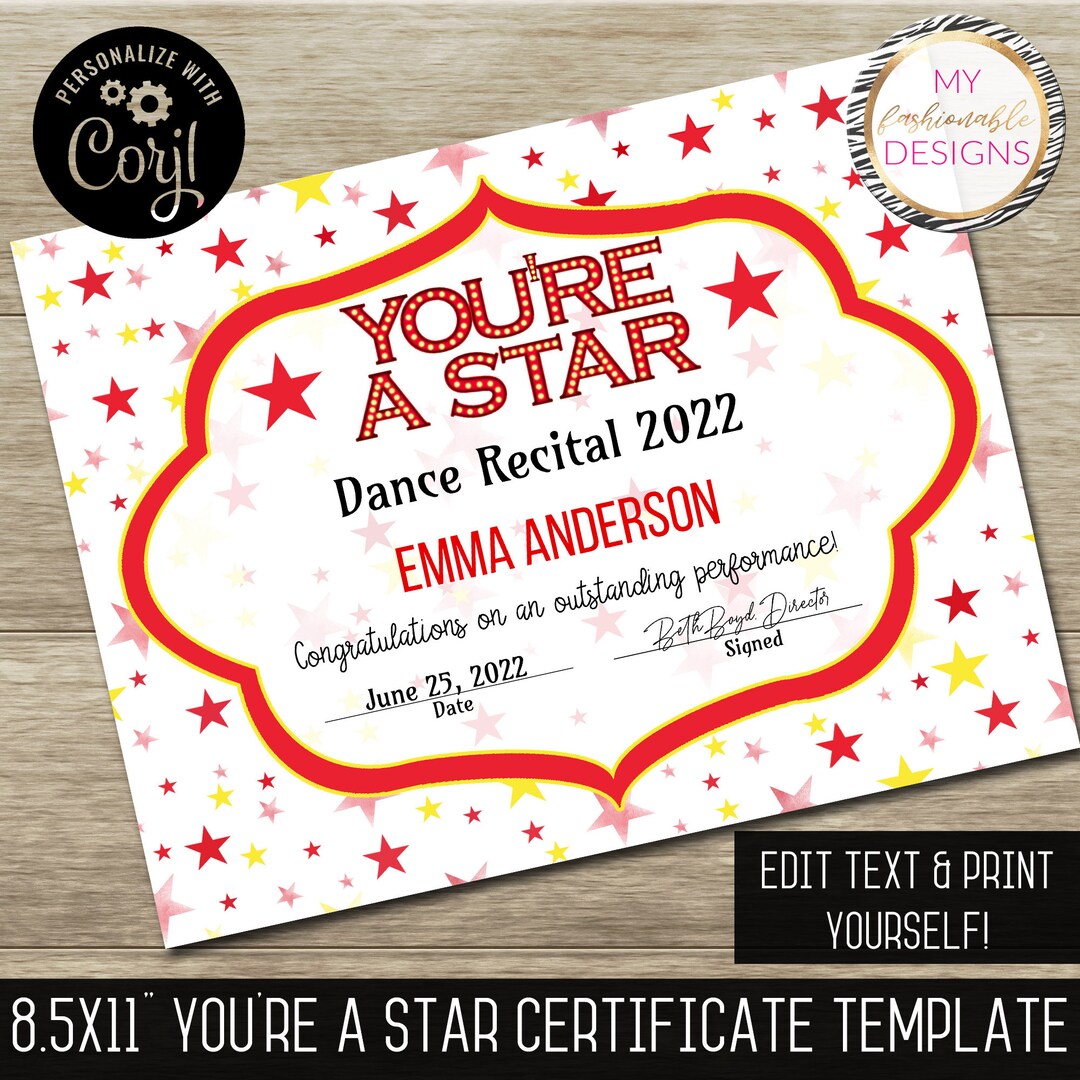 You're a Star Certificate Template Red & Yellow 8.5x11 Save as PDF or ...