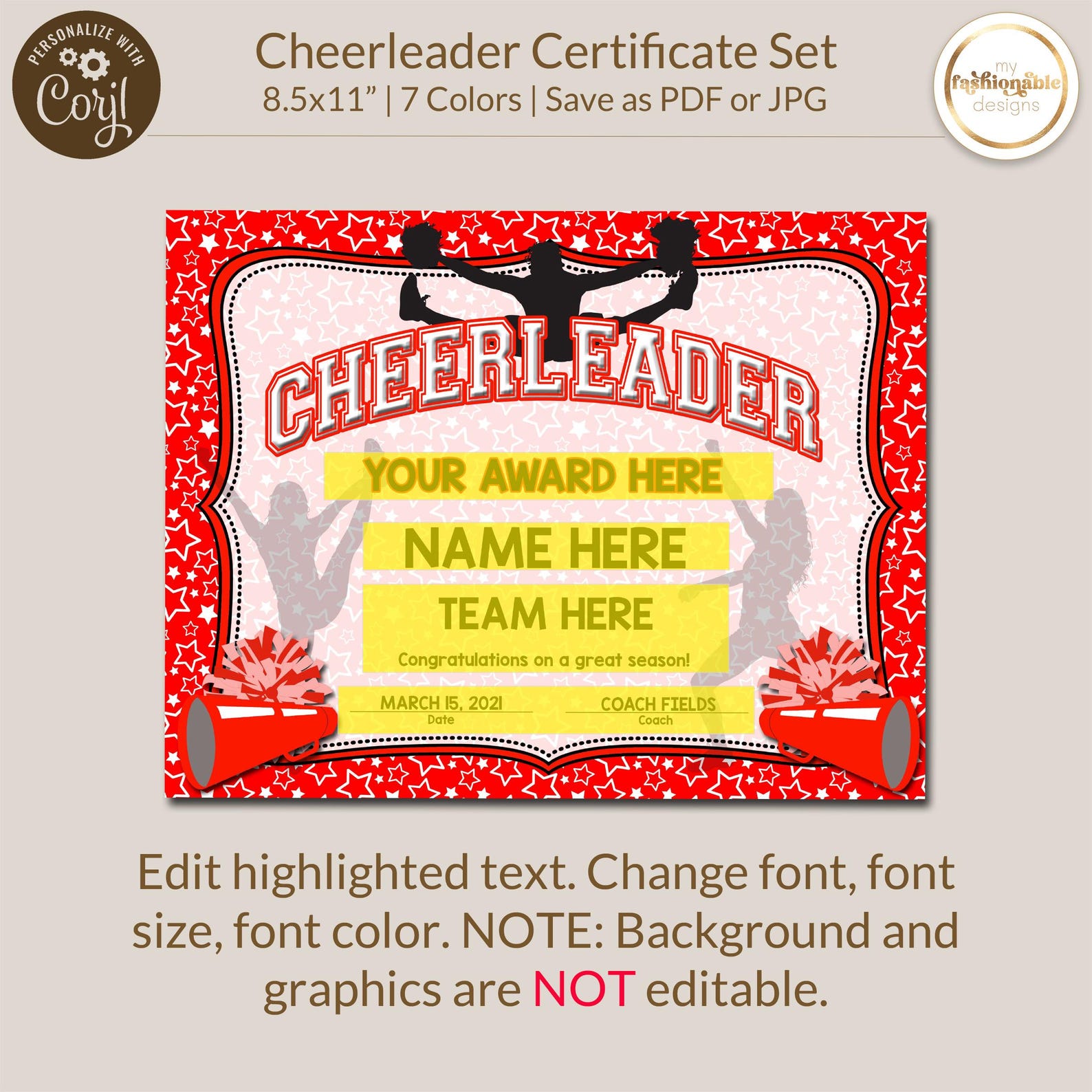 Cheerleader Certificate Set 8.5x11" - 7 Colors! - Save as JPG or PDF ...