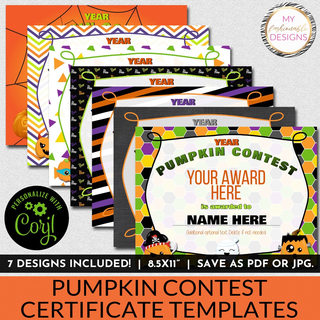 Pumpkin Contest Certificate Template Set 7 Designs 8.5x11 Save as JPG ...