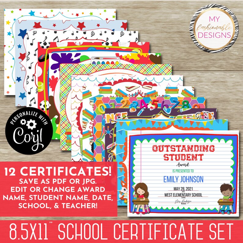School Certificate Template Set - 12 Design Templates! 8.5x11" - Save ...