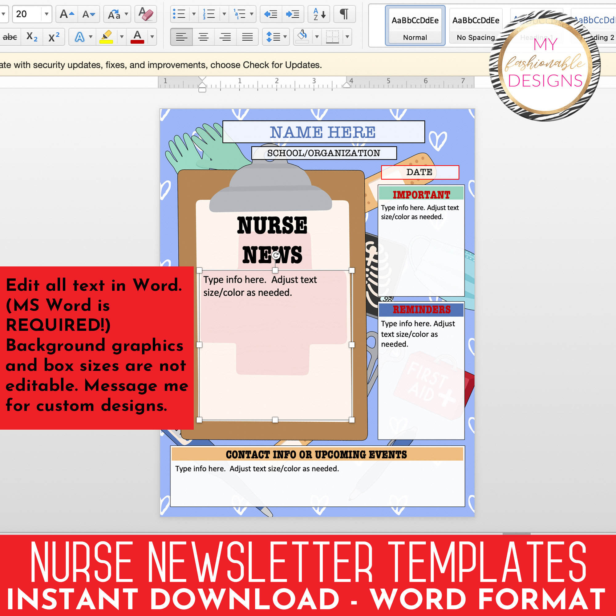 Nurse Newsletter Templates, 5 Designs Included, Word Format, Instant ...