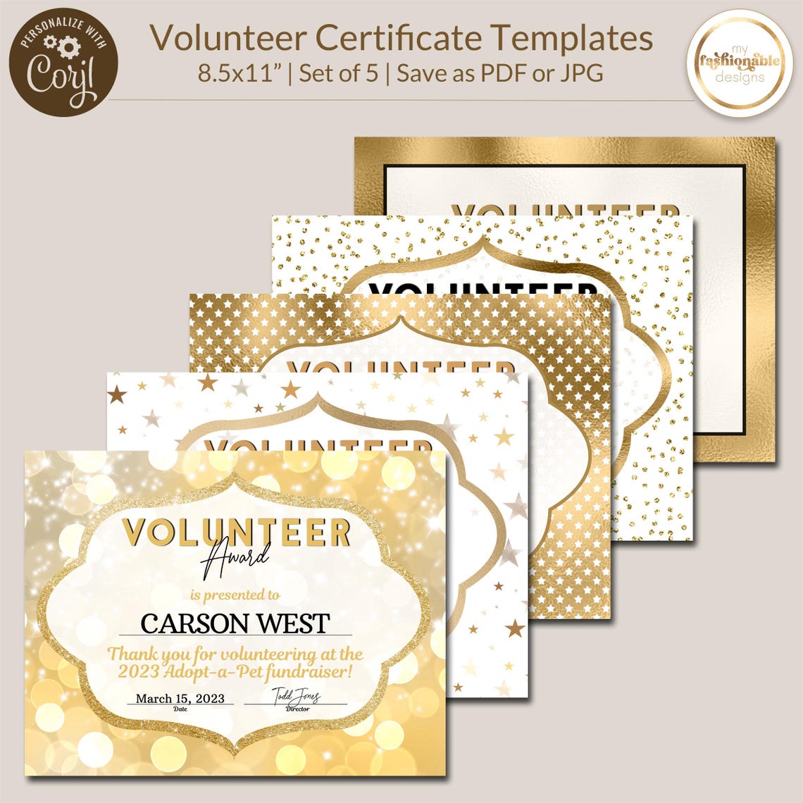 Volunteer Certificate Template Set - Volunteer Award - 5 Templates ...