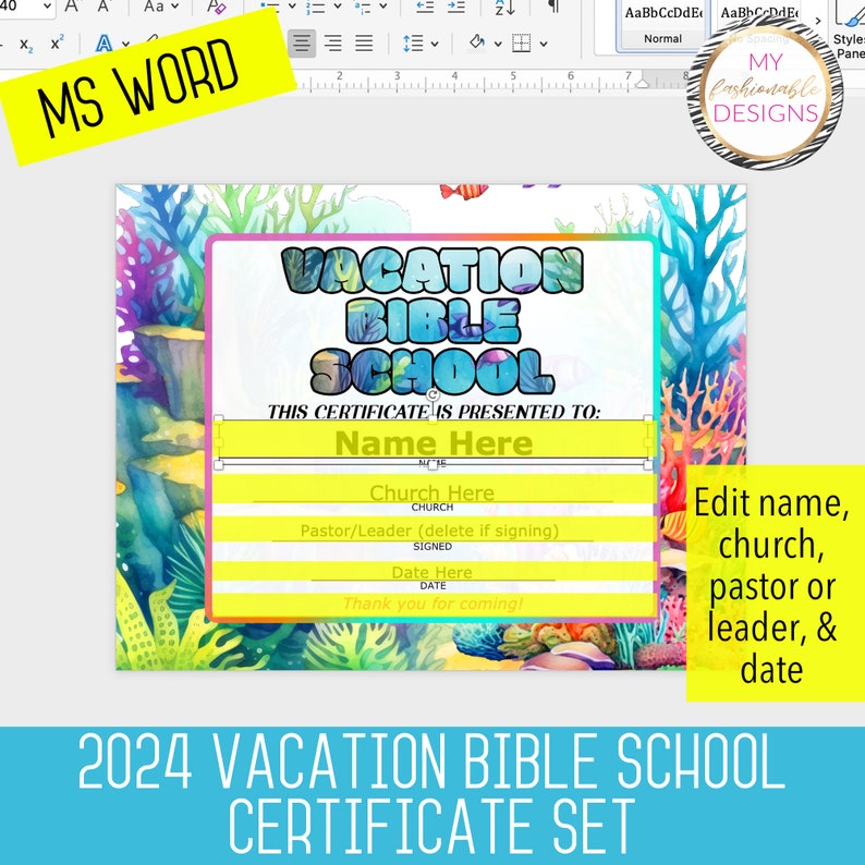 2024 VBS Certificate, Scuba Theme, Vacation Bible School, Instant Download 8.5x11 and 2 per Pg ...