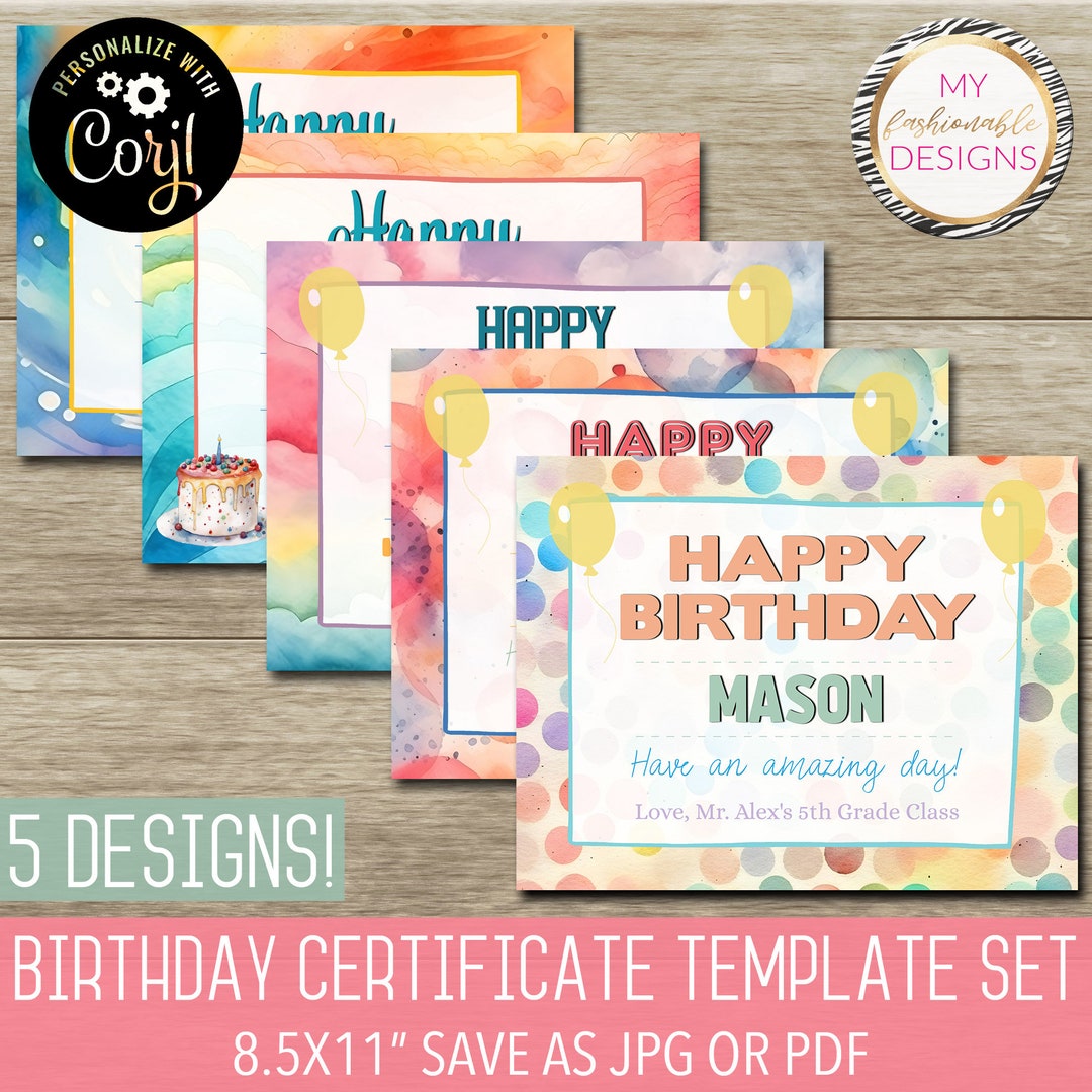 Happy Birthday Certificate Template Set 8.5x11" - 5 Designs! - Save as ...