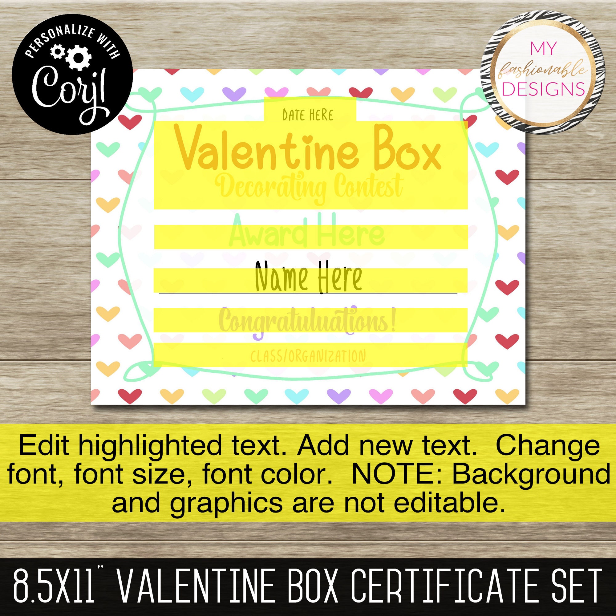 Valentine Box Certificate Set 8.5x11" - 3 Designs - Corjl Self-edit ...