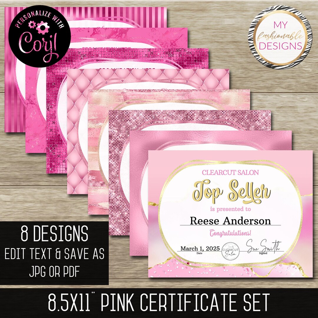Pink Certificate Template Set - Pink Awards - Beauty Awards - 8 Design ...