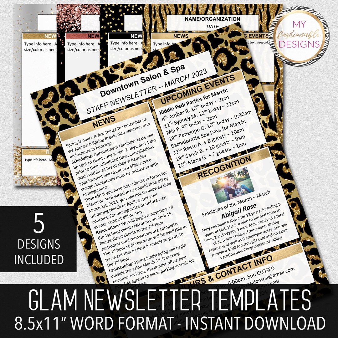 Glam Newsletter Templates, 5 Designs Included, Word Format, Instant ...