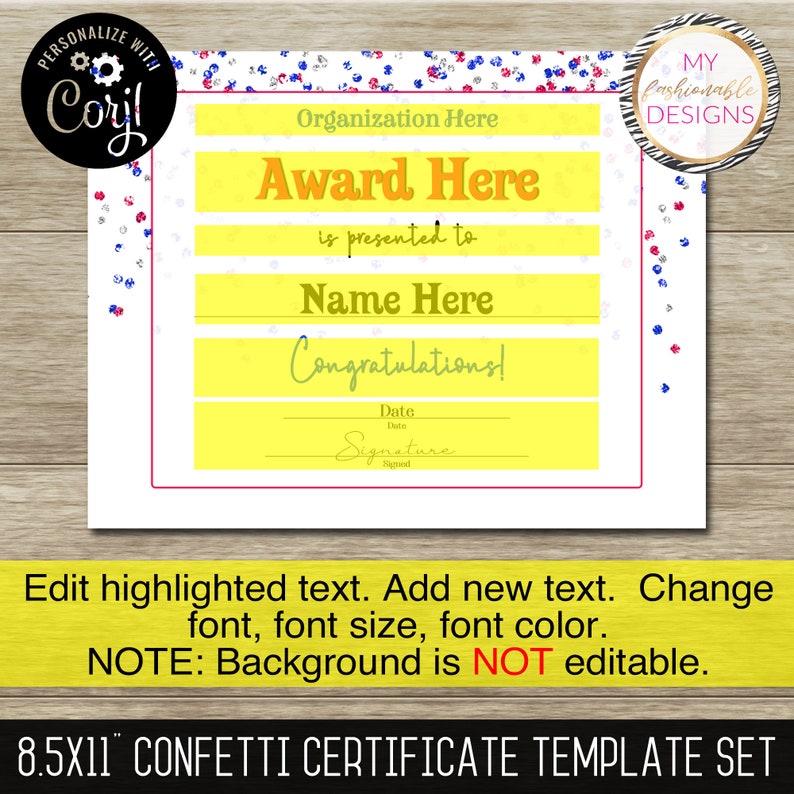 Confetti Certificate Template Set - 6 Design Templates! 8.5x11" - Save ...