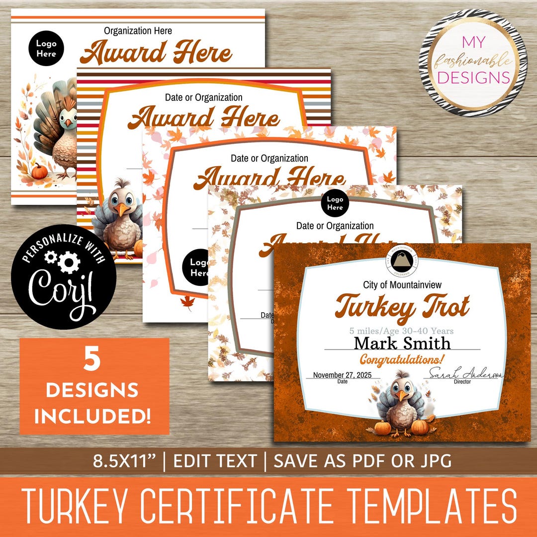 Turkey Certificate Template Set - 5 Design Templates! 8.5x11" - Save as ...