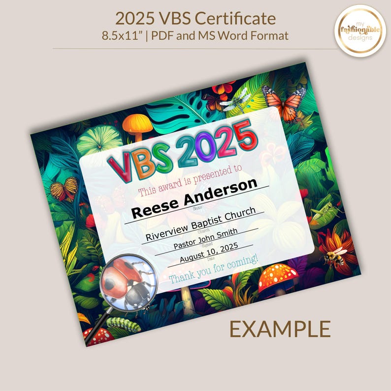 2025 VBS Certificate, Vacation Bible School, Instant Download - 8.5x11 ...