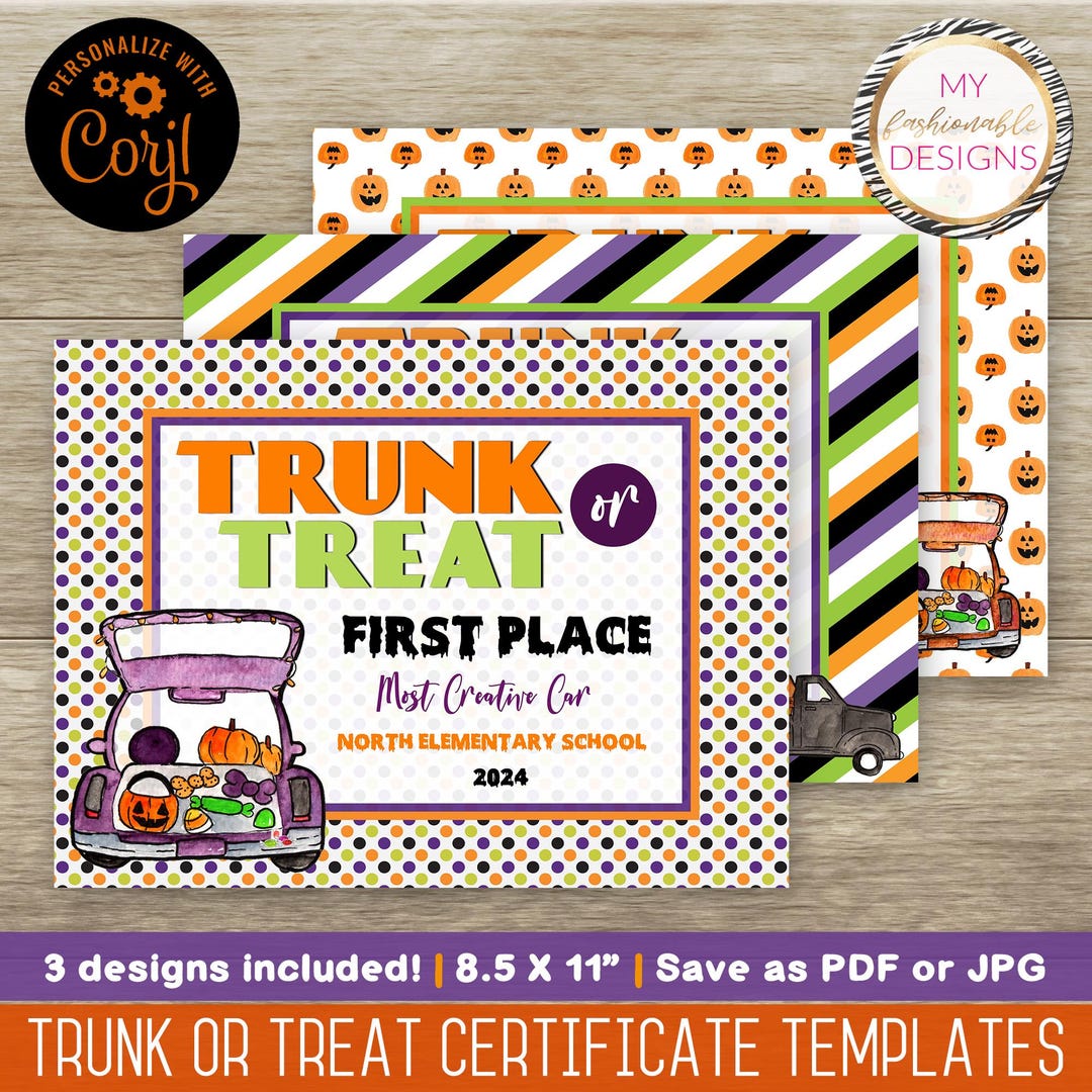Trunk or Treat Certificate Template Set - 3 Designs - 8.5x11" - Save as ...