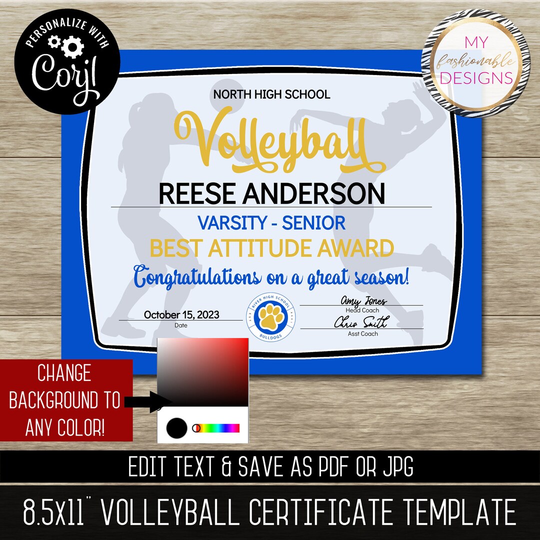 Girls Volleyball Certificate 8.5x11 Change Colors Edit Text Save as JPG ...