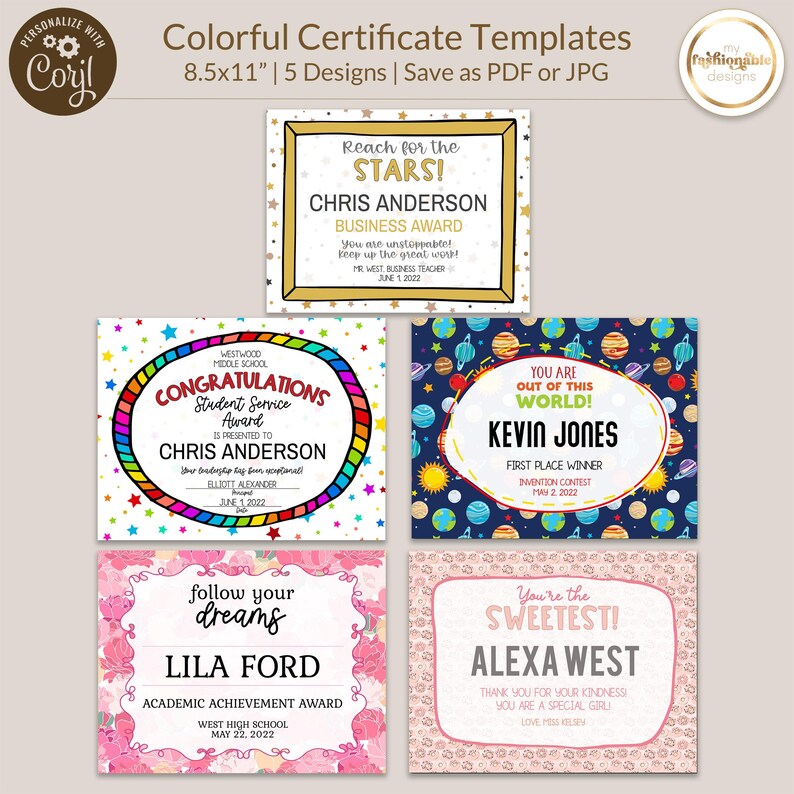 Certificate Template Set - 5 Design Templates! 8.5x11" - Save as JPG or ...