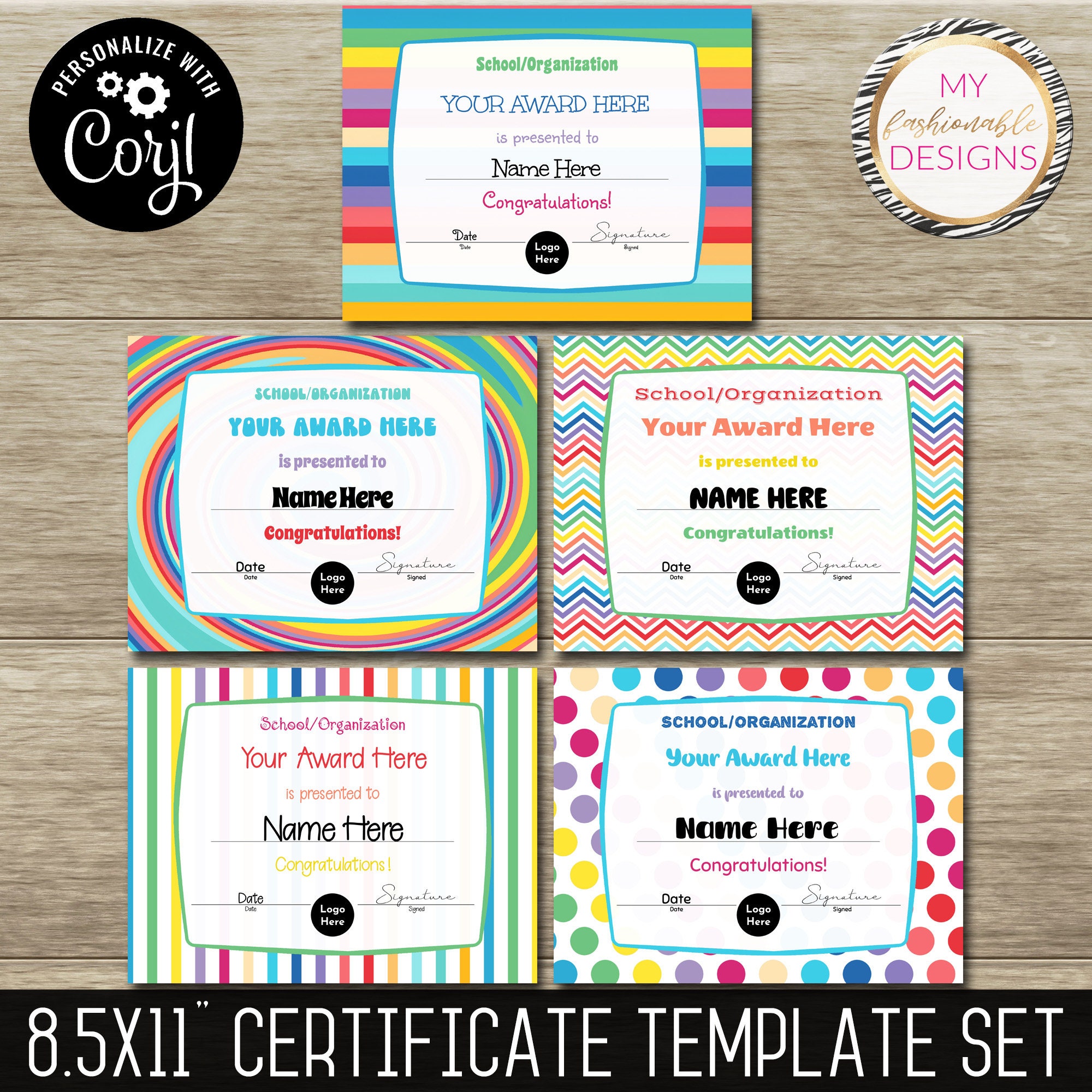 Colorful Certificate Template Set - 5 Design Templates! 8.5x11" - Save ...