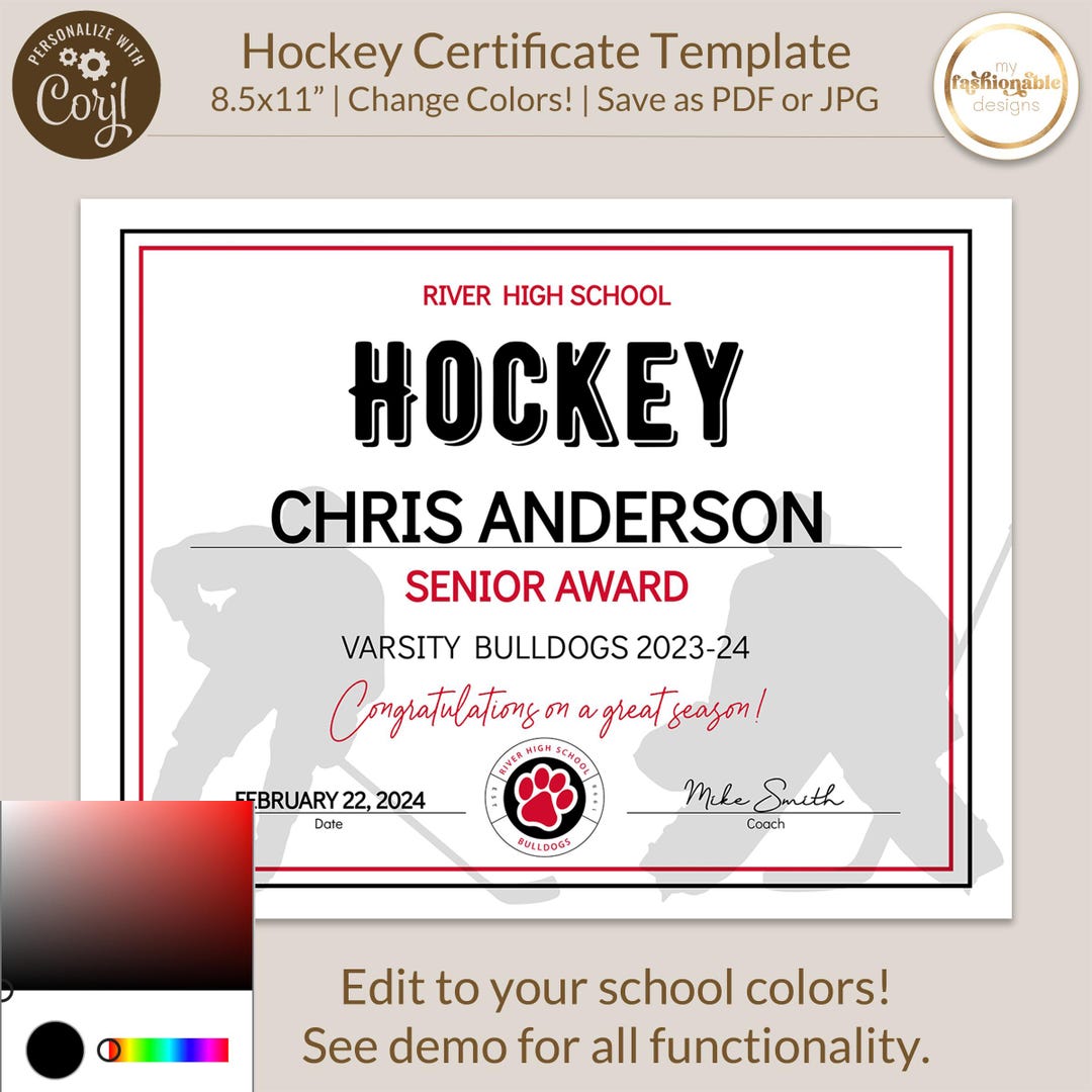 Hockey Certificate Template - 8.5x11" - Change Border Colors and Text ...