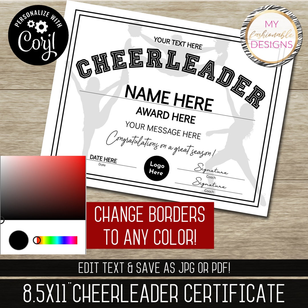 Cheerleader Certificate Template 8.5x11 Change Border Colors Save as ...
