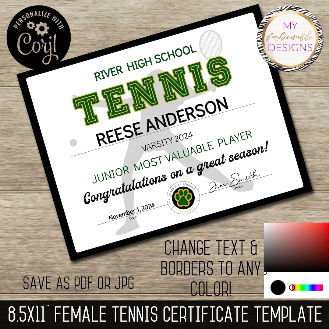 Female Tennis Certificate Template - Tennis Award - 8.5x11" - Save as ...
