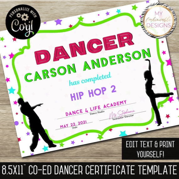 Editable Co-ed Dancer Certificate 8.5x11 Printable - Etsy