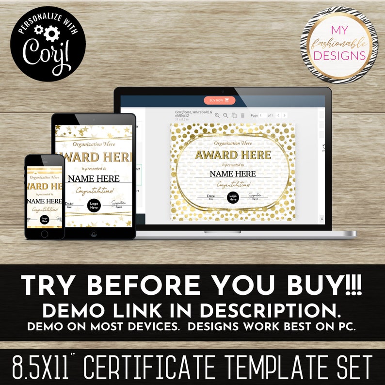 Certificate Template Set - White & Gold - 5 Design Templates! 8.5x11 ...