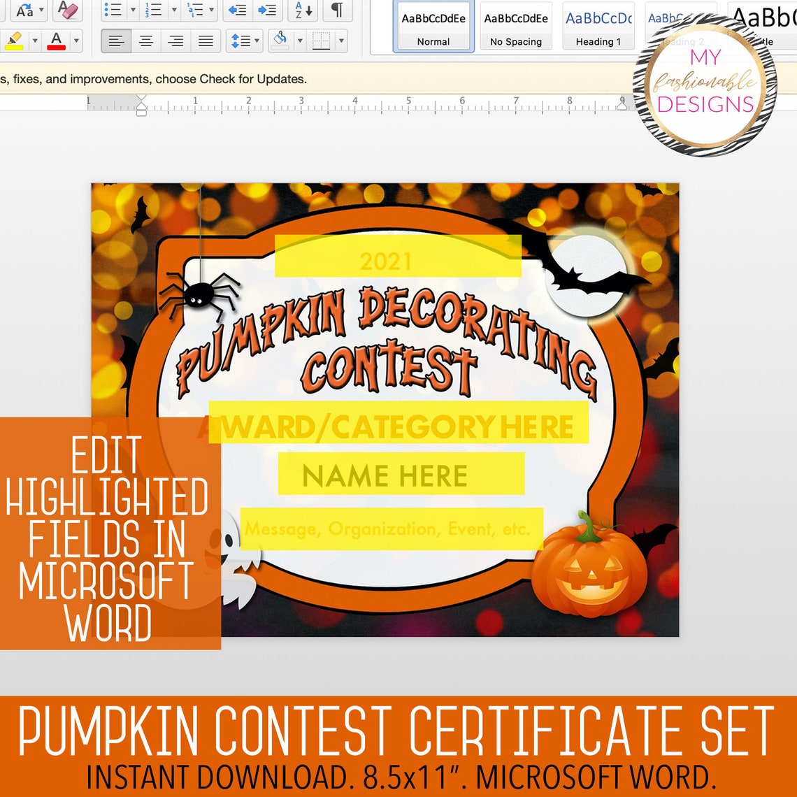 Pumpkin Decorating Contest Certificate Set - 8.5x11" Word Format ...