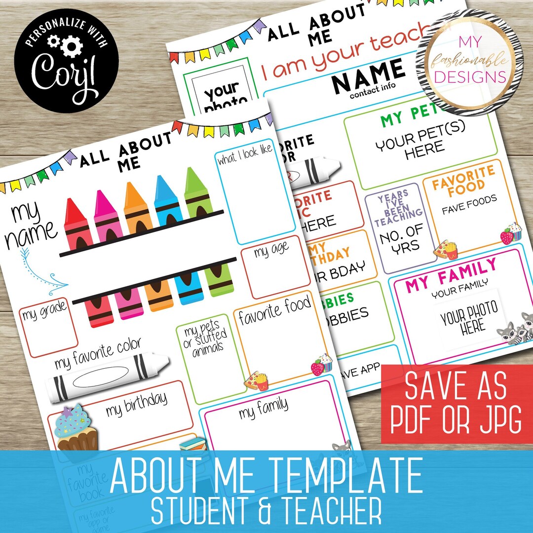 Editable Student & Teacher About Me Template 8.5x11 Save as JPG or PDF ...