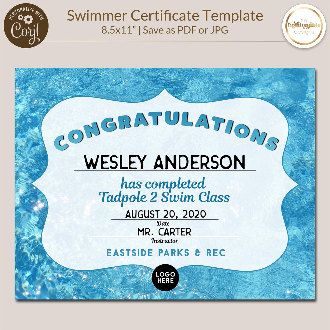 Swimmer Certificate Template - Swim Lessons Award - 8.5x11" Save as PDF ...