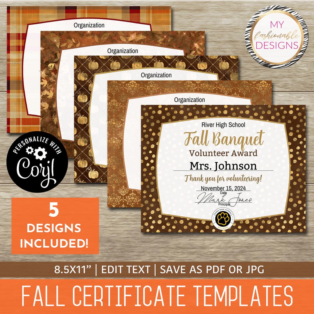 Fall Certificate Template Set 5 Design Templates 8.5x11 Save as JPG or ...